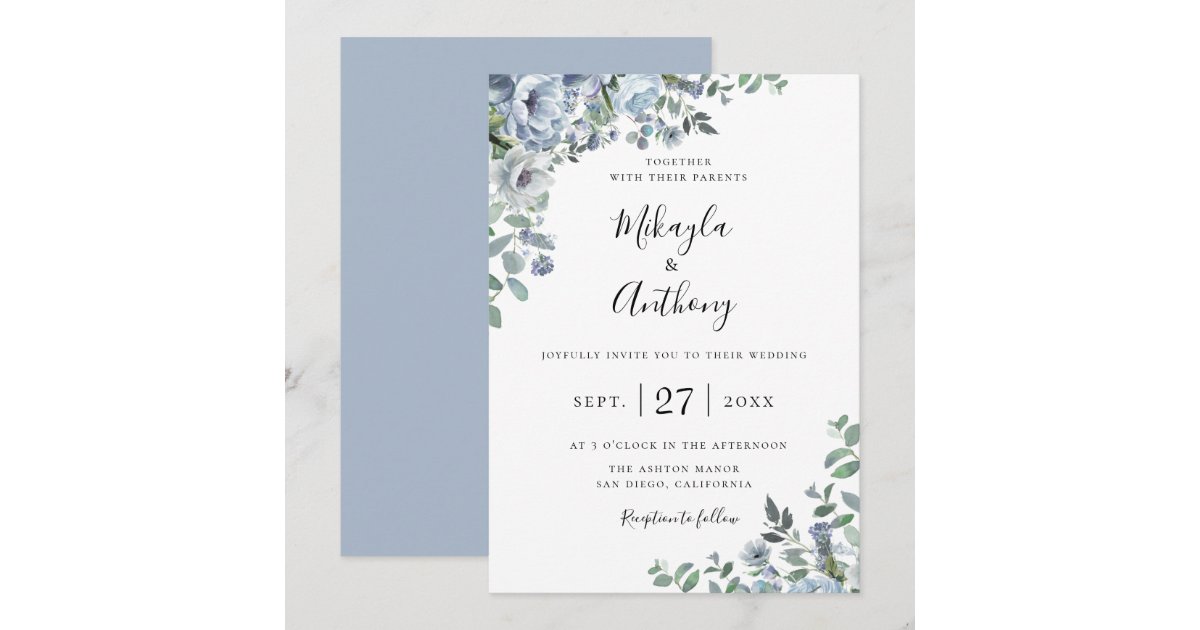 Powder Blue Botanical Floral Wedding Invitation | Zazzle