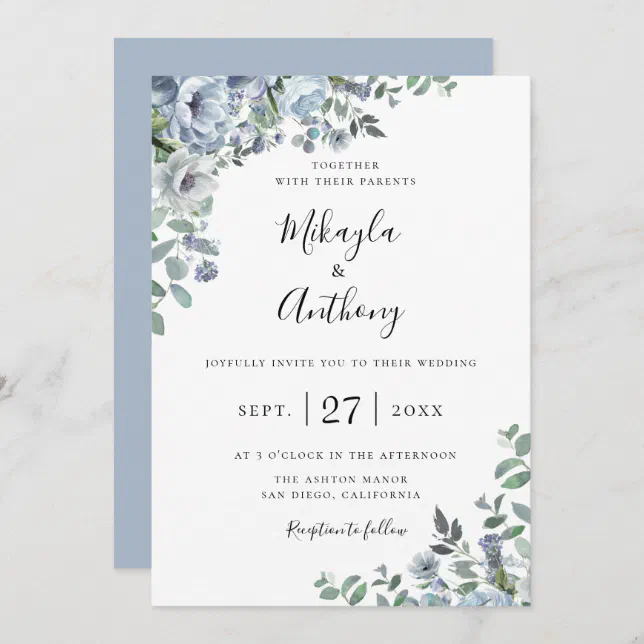 Powder Blue Botanical Floral Wedding Invitation | Zazzle