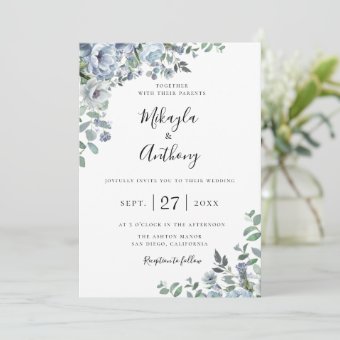 Powder Blue Botanical Floral Wedding Invitation | Zazzle