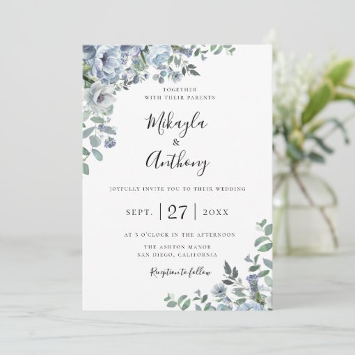 Powder Blue Botanical Floral Wedding Invitation | Zazzle