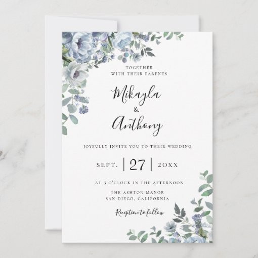 Powder Blue Botanical Floral Wedding Invitation | Zazzle