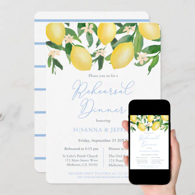 Powder Blue Citrus Lemons Wedding Rehearsal Dinner Invitation | Zazzle