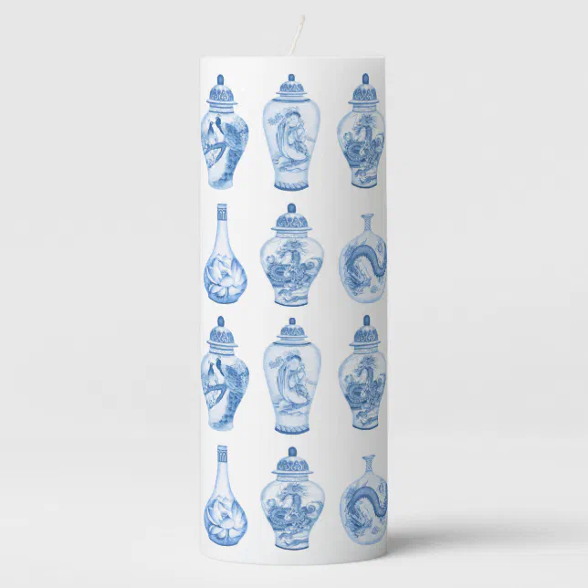 Powder Blue White Chinoiserie Ginger Jars Pillar Candle | Zazzle