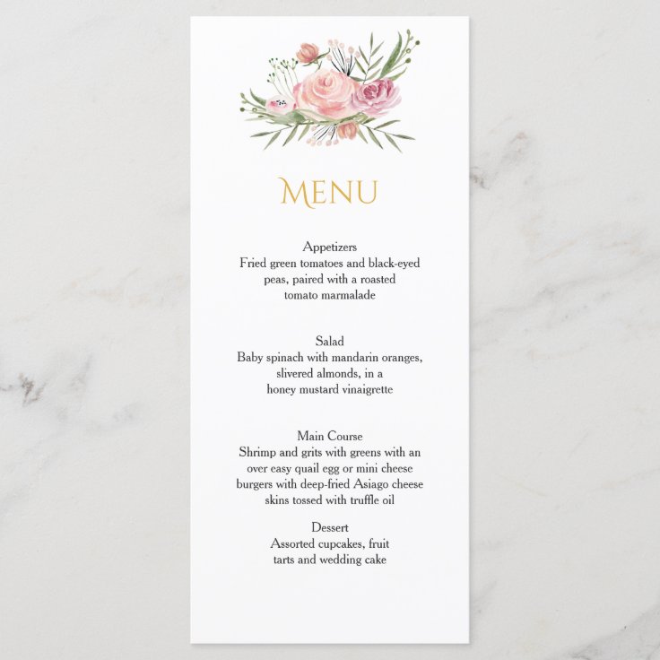 Powder Pink Gold Watercolor Roses Menu Cards | Zazzle