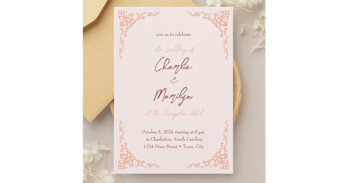 Powder Pink vintage looking wedding Invitation | Zazzle