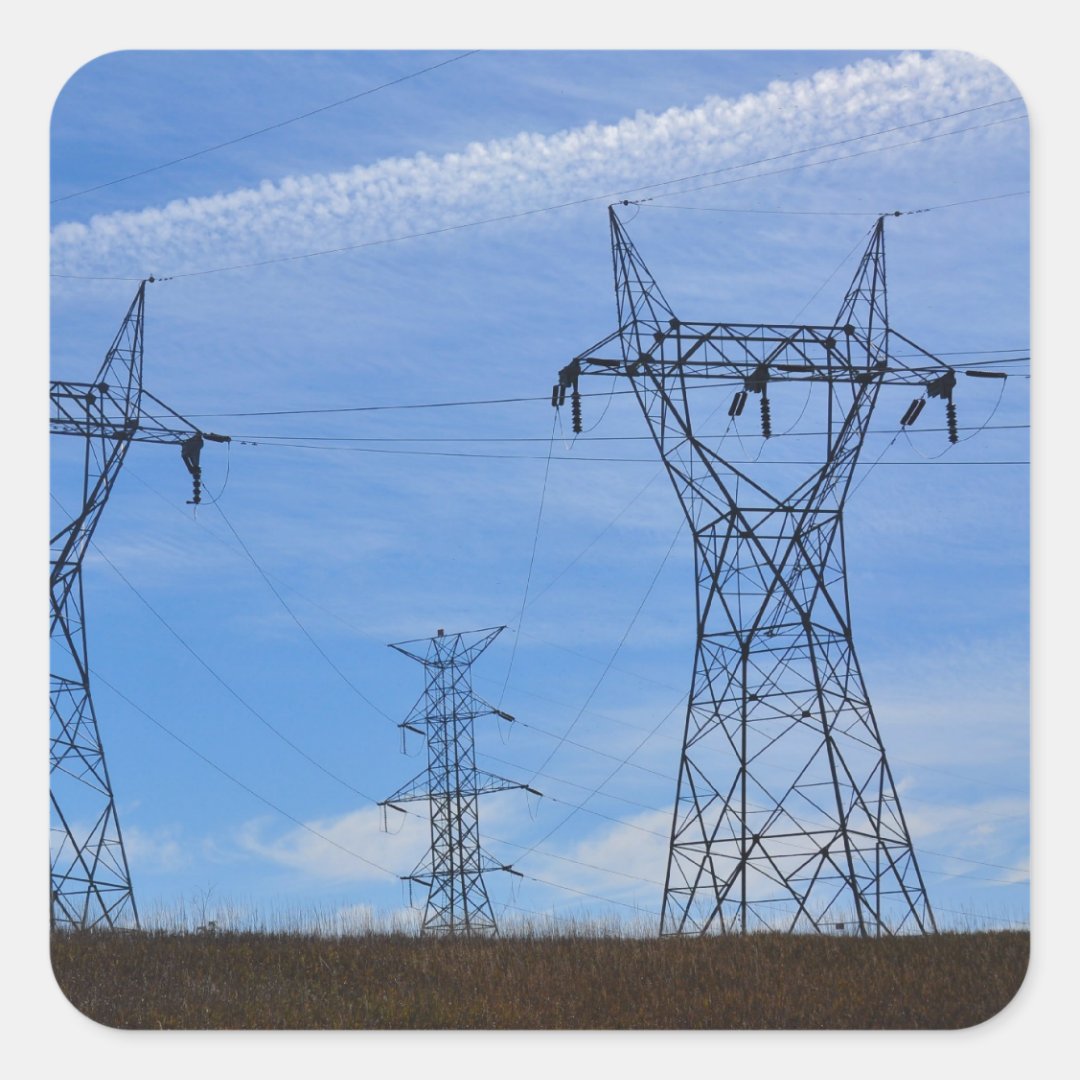 Power lines in blue sky square sticker | Zazzle