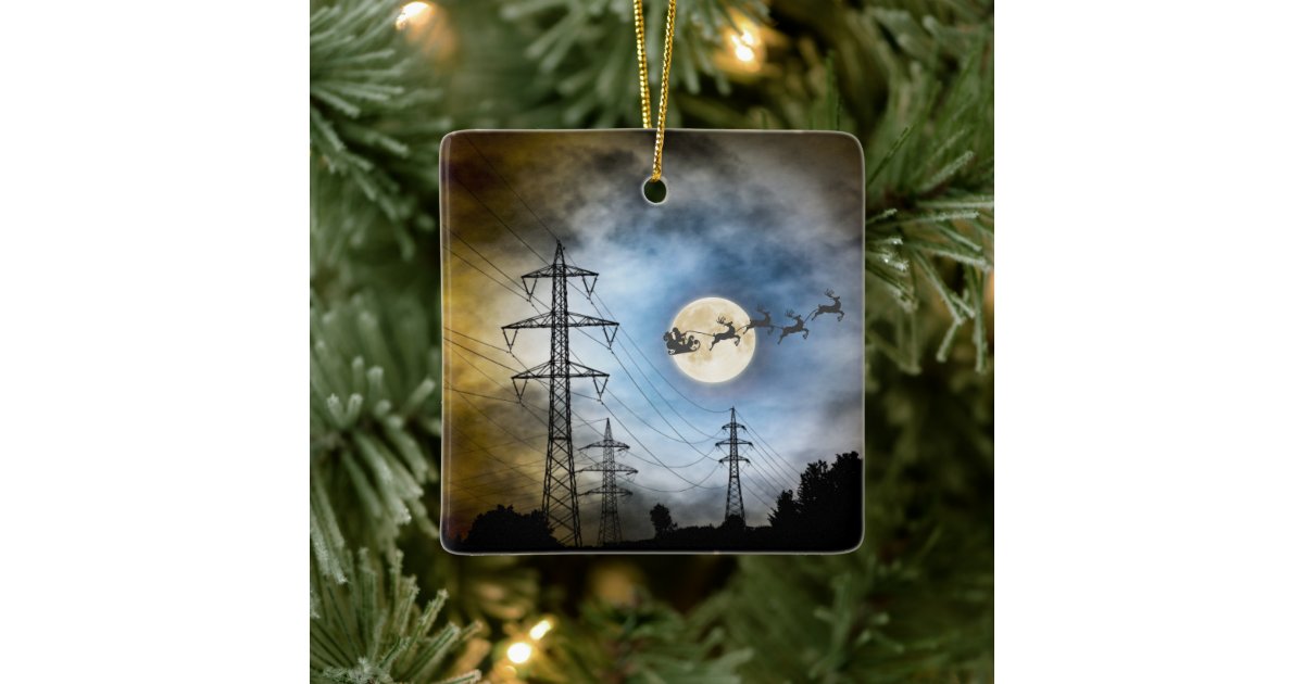 Power Lines, Santa and Full Moon Christmas Ceramic Ornament | Zazzle