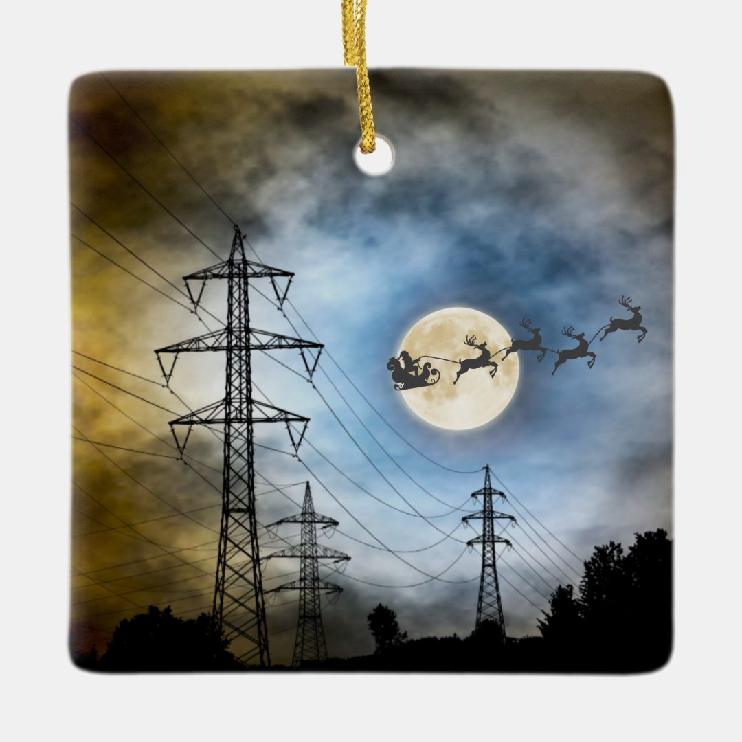 Power Lines, Santa and Full Moon Christmas Ceramic Ornament | Zazzle