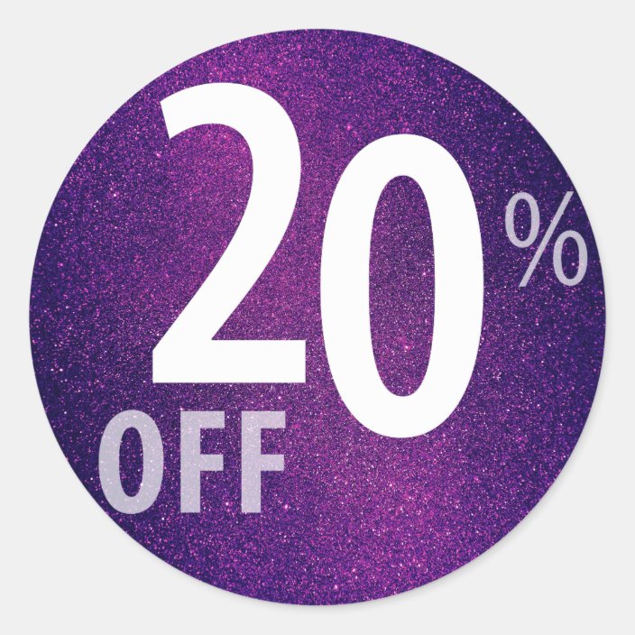 Powerful 20% OFF SALE Sign | Purple Glitter Classic Round Sticker ...