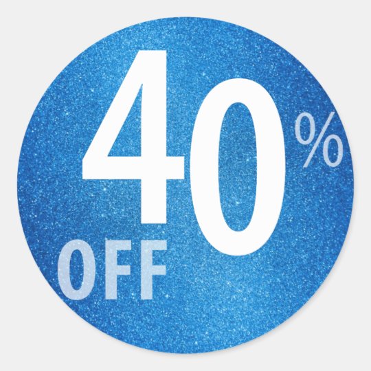 Powerful 40% OFF SALE Sign | Blue Glitter Classic Round Sticker ...