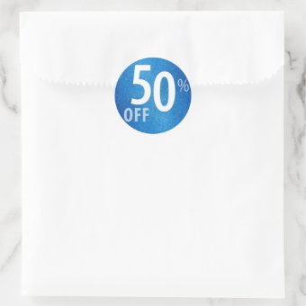 Powerful 50% OFF SALE Sign | Blue Glitter Classic Round Sticker | Zazzle