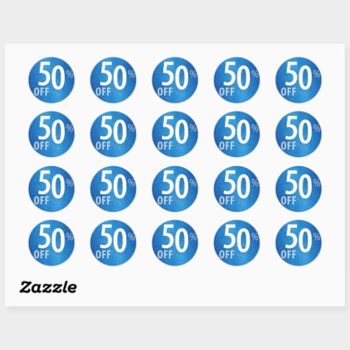 Powerful 50% OFF SALE Sign | Blue Glitter Classic Round Sticker | Zazzle