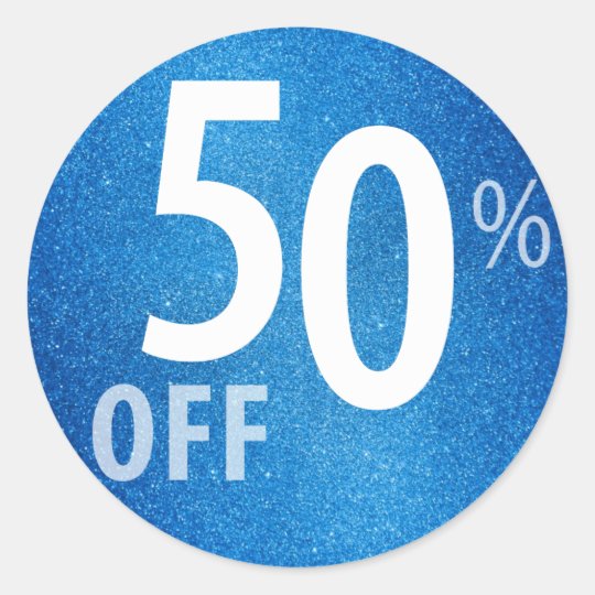 Powerful 50% OFF SALE Sign | Blue Glitter Classic Round Sticker ...