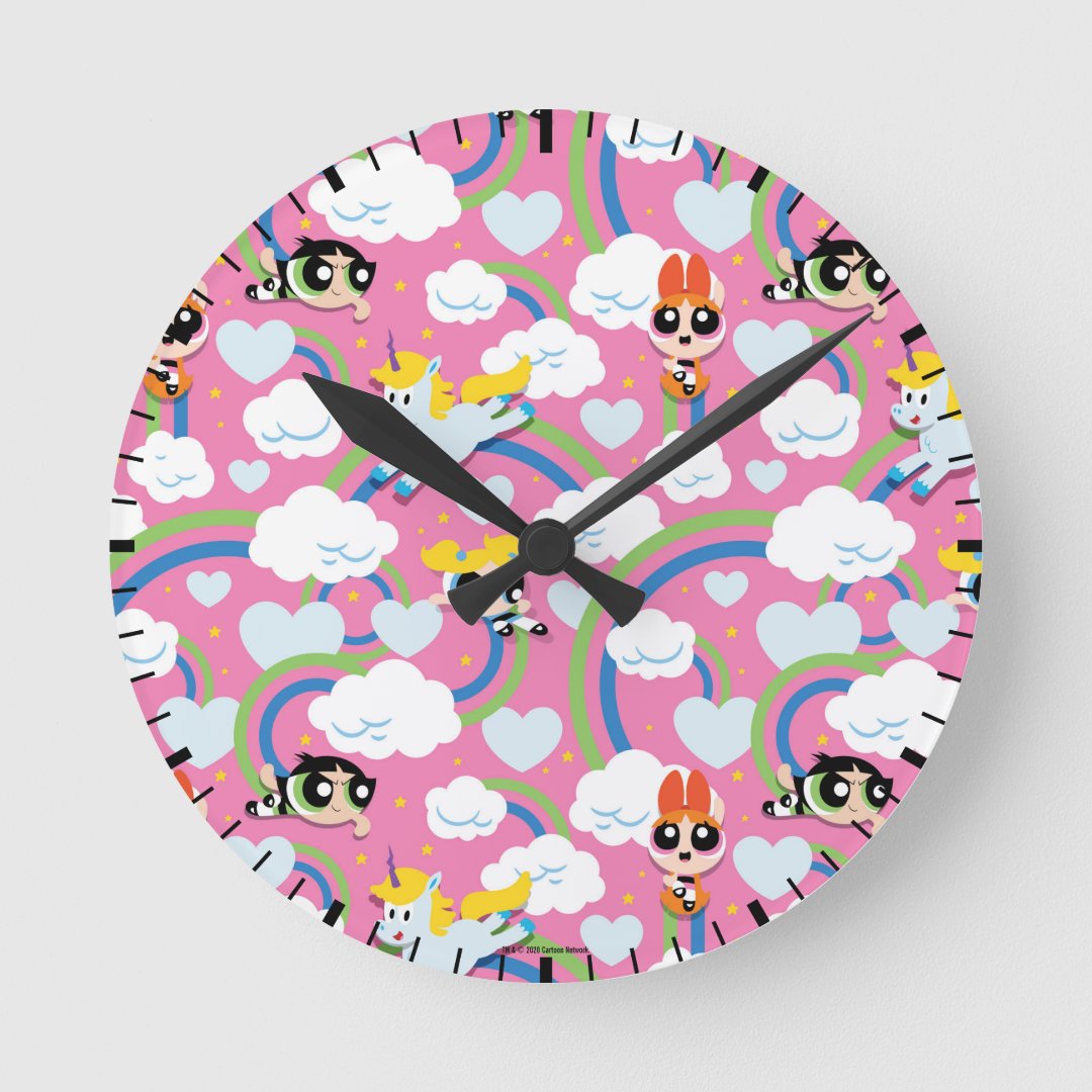 Powerpuff Girls & Donny Rainbow Pattern Round Clock | Zazzle
