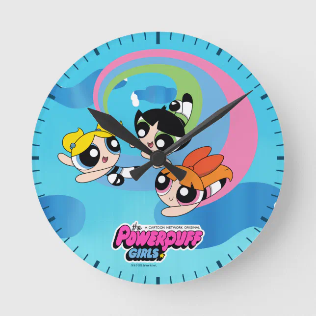 Powerpuff Girls Fly Through The Sky Round Clock | Zazzle
