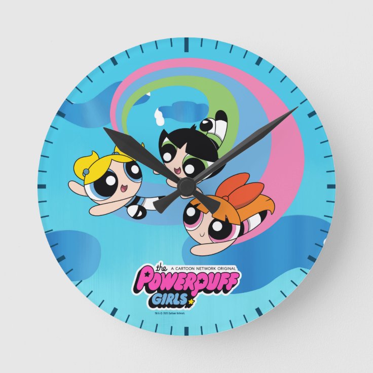 Powerpuff Girls Fly Through The Sky Round Clock | Zazzle