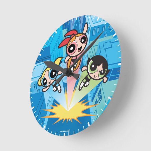 Powerpuff Girls Launch Into The Air Round Clock | Zazzle