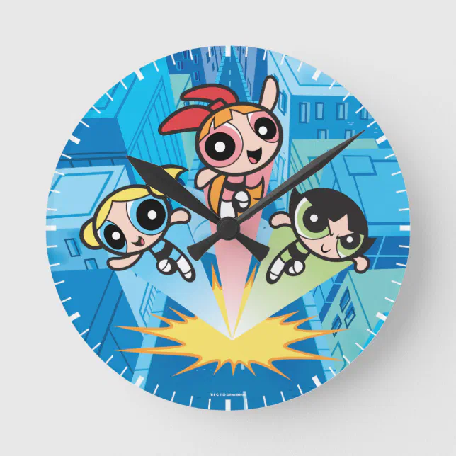 Powerpuff Girls Launch Into The Air Round Clock | Zazzle