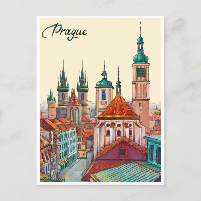 Prague Czech Republic Travel Vintage illustration Postcard | Zazzle