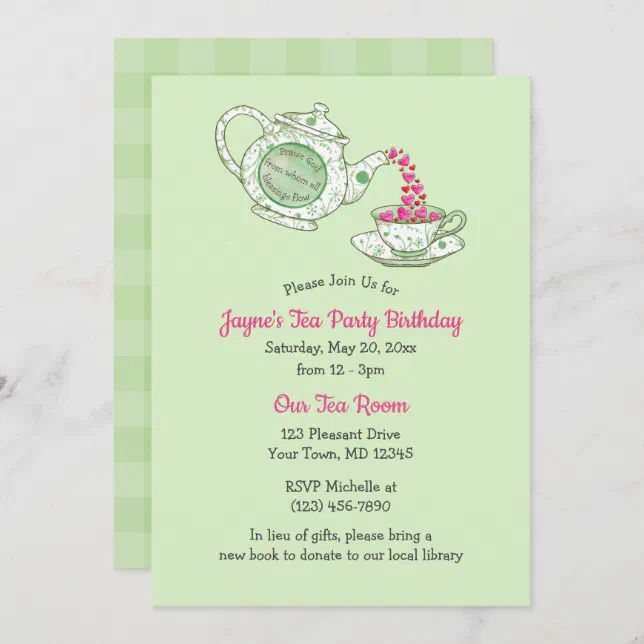 Praise God Green Teapot with Scripture Tea Party Invitation | Zazzle