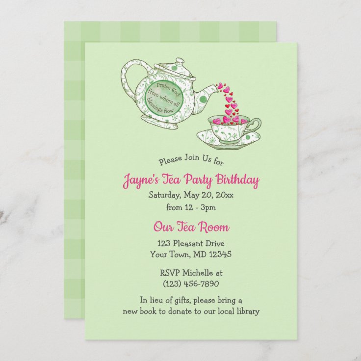Praise God Green Teapot with Scripture Tea Party Invitation | Zazzle