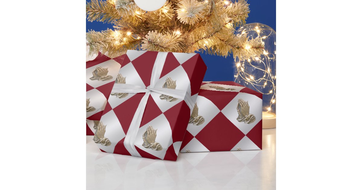 Praying hands religious faux silver maroon wrapping paper | Zazzle