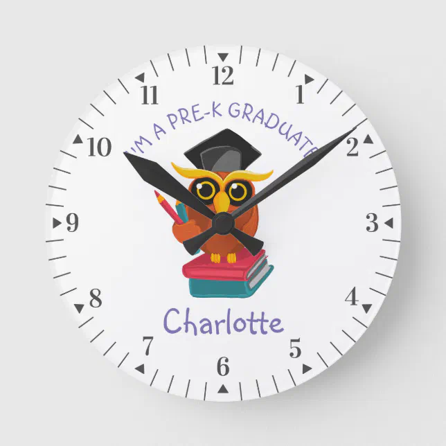 Pre K Graduate Kindergarten Girls Owl Grad Round Clock | Zazzle