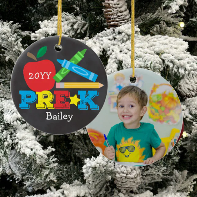 Pre-K Preschool Apple Crayons Chalkboard Photo Ceramic Ornament | Zazzle