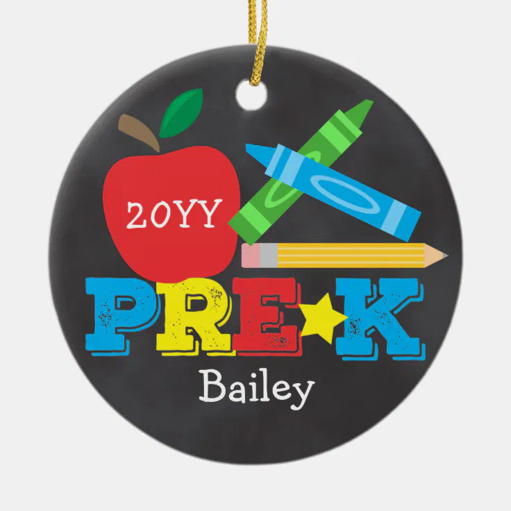 Pre-K Preschool Apple Crayons Chalkboard Photo Ceramic Ornament | Zazzle