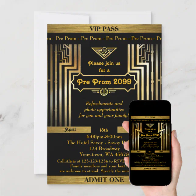 Pre Prom invitation,Gatsby style,ticket,black gold Invitation | Zazzle