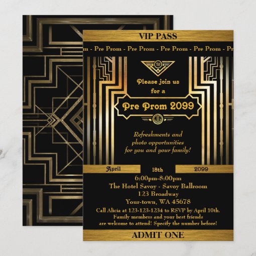 Pre Prom invitation,Gatsby style,ticket,black gold Invitation | Zazzle