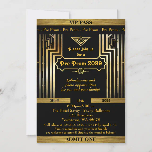 Pre Prom invitation,Gatsby style,ticket,black gold Invitation | Zazzle