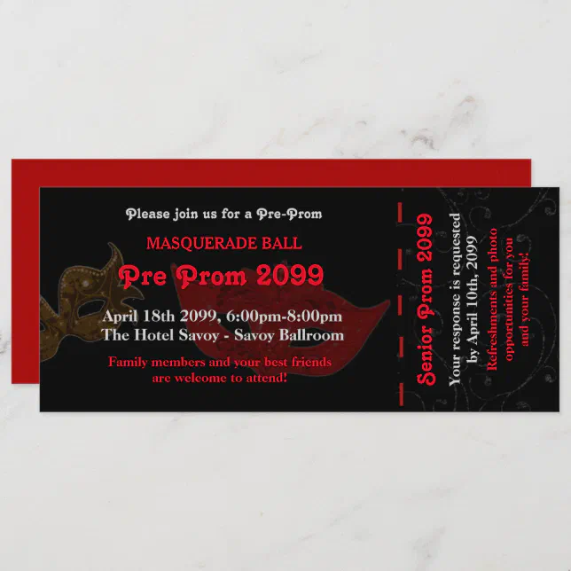 Pre Prom Invitation Ticket Masquerade Style,chic | Zazzle