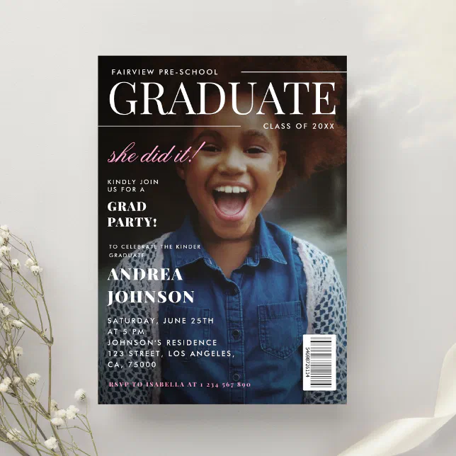Pre-School Girl Graduation Kid Magazine Cover Invitation | Zazzle