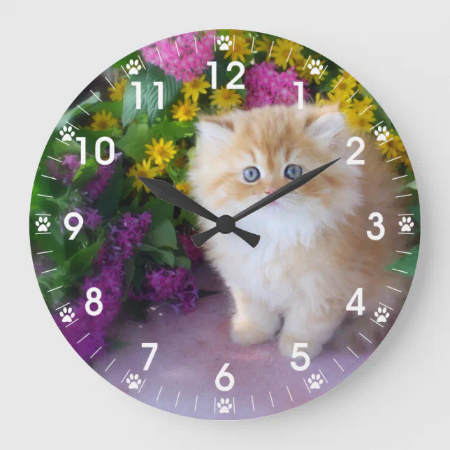 Precious Kittens Pink Purple Yellow Flowers Large Clock | Zazzle