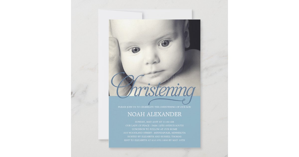 Precious Script Photo Christening Invitation -Blue | Zazzle
