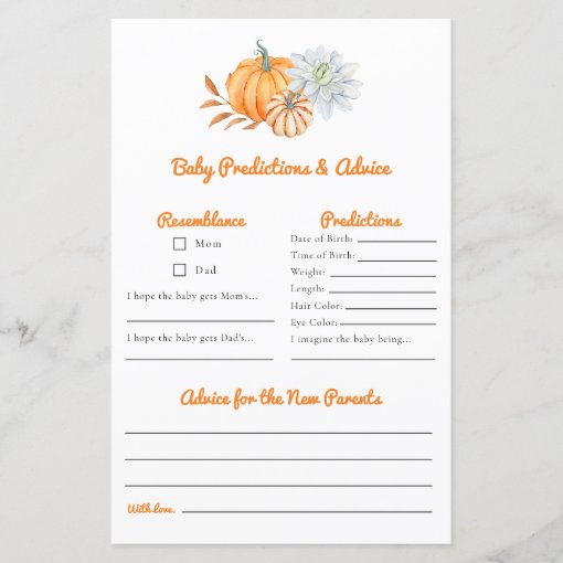 Predictions & Advice Baby Shower Game Fall Pumpkin | Zazzle