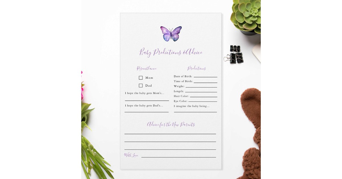 Predictions & Advice Butterfly Baby Shower Game Flyer | Zazzle