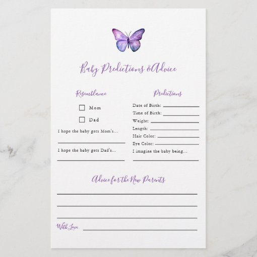 Predictions & Advice Butterfly Baby Shower Game Flyer | Zazzle