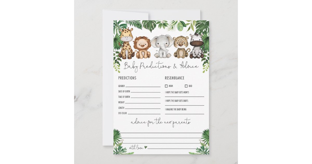 Predictions & Advice Jungle Baby Shower Game Card | Zazzle