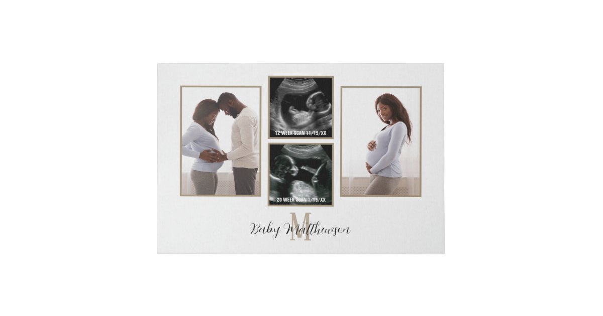 Pregnancy Collage 4 photos Monogram Initial Faux Canvas Print | Zazzle