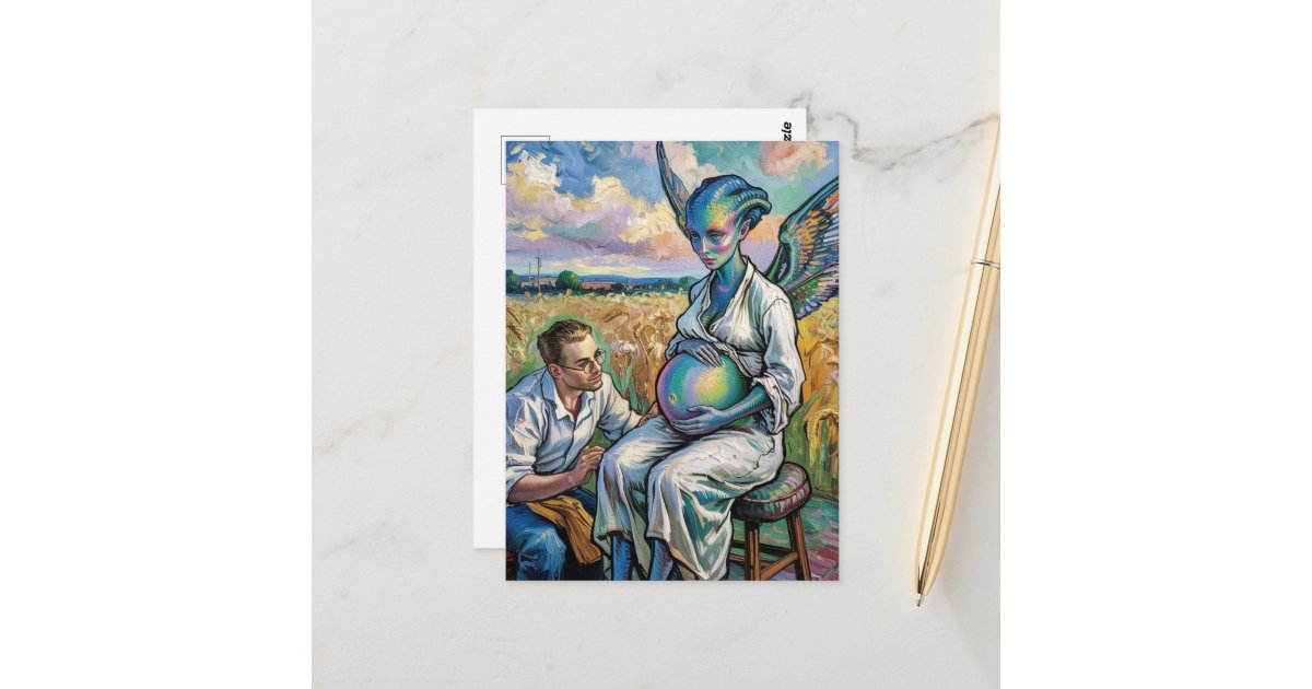 Pregnant Alien and a Farmer Visit in Wheat Field Postcard | Zazzle