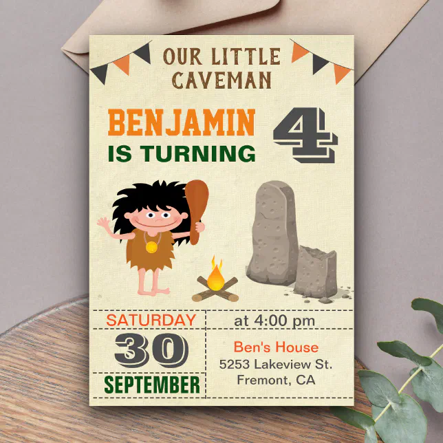Prehistoric Caveman Kids Birthday Party Invitation | Zazzle