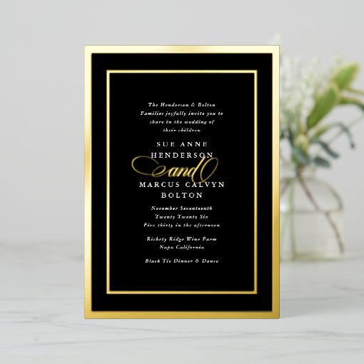 Premium Black Formal Gold Ampersand Frame Wedding Foil Invitation | Zazzle