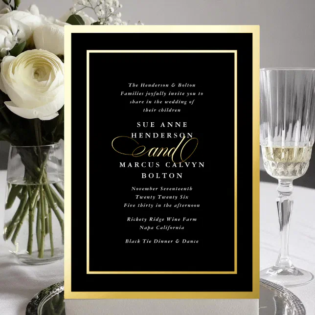 Premium Black Formal Gold Ampersand Frame Wedding Foil Invitation | Zazzle