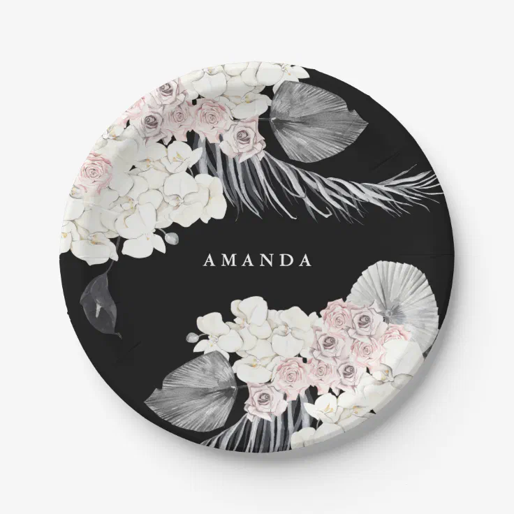 Premium Black Pampas Grass Floral Wedding Party Paper Plates | Zazzle