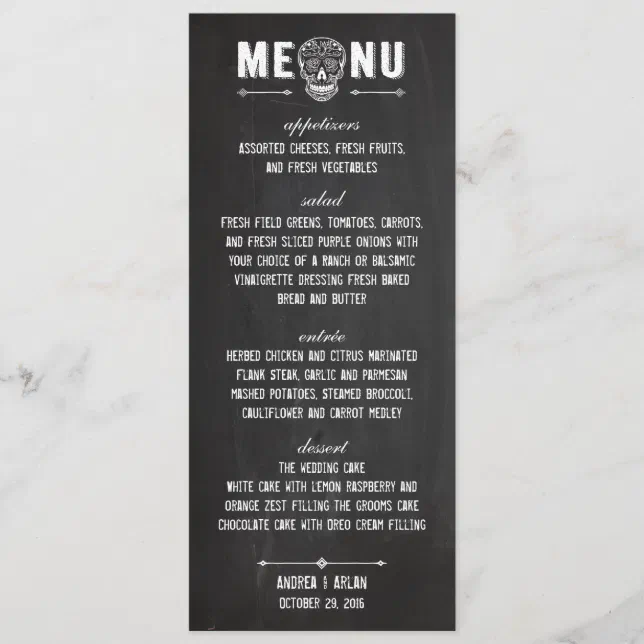 Premium Chalkboard sugar skull menu card 4 x 9.25" | Zazzle