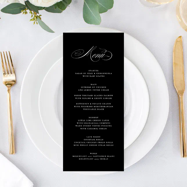 Premium Elegant Calligraphy Black Tie Wedding Menu | Zazzle