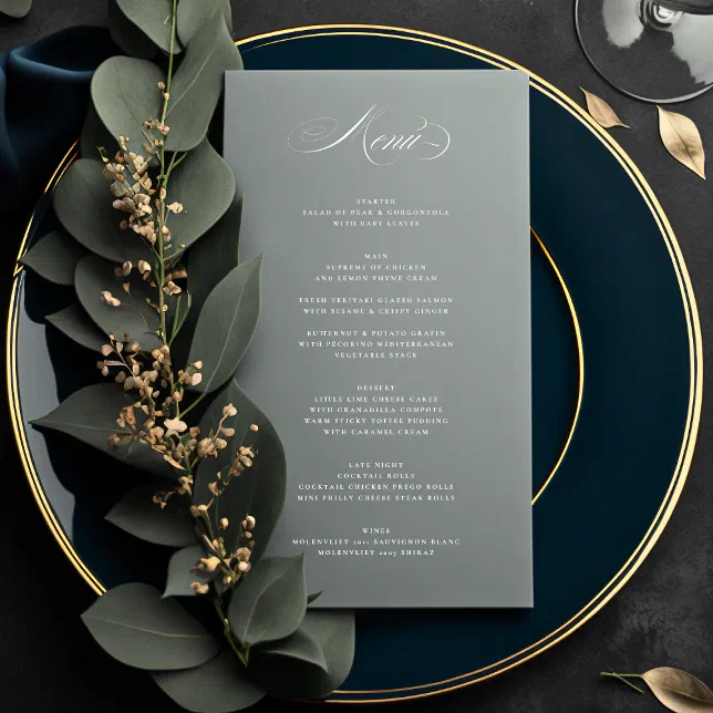 Premium Elegant Calligraphy Gray Green Wedding Menu | Zazzle