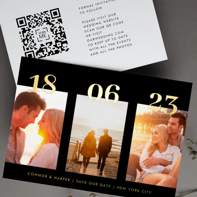 Premium GOLD Three Photo QR CODE Save The Date Foil Invitation | Zazzle